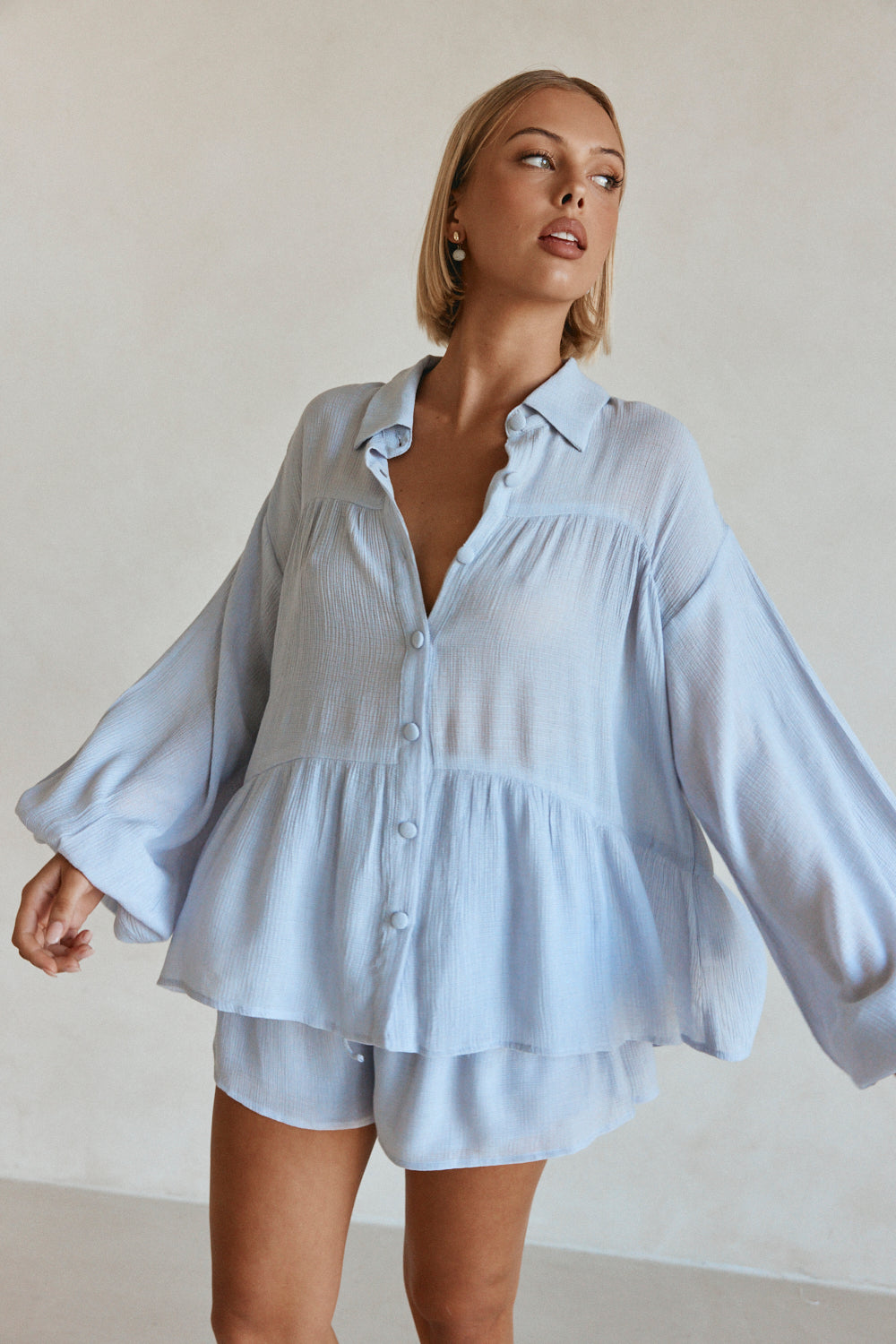 Baby Blue Long Sleeve Button Up Panel Huxley Top – SABO