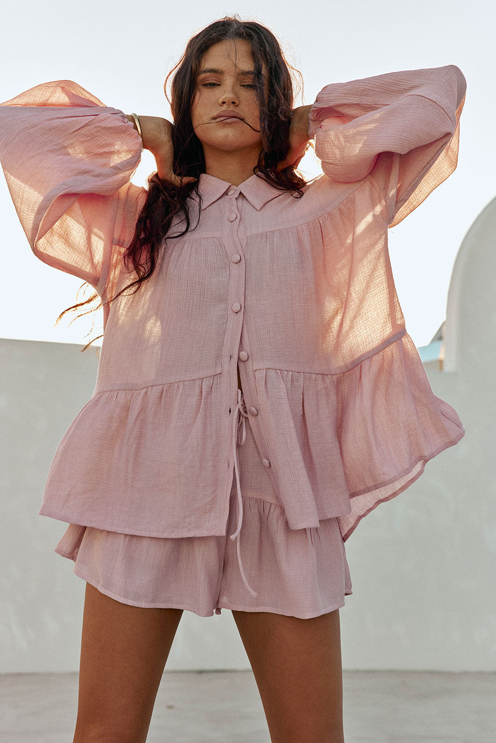Blush Pink Long Sleeve Button Up Panel Huxley Top – SABO