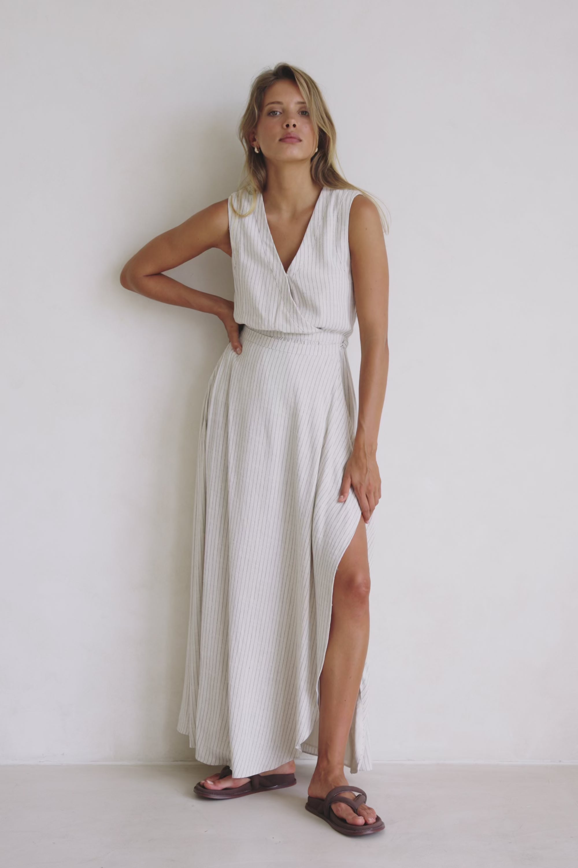 Beige and Black Pinstripe V Neck Maxi Cipriana Dress – SABO