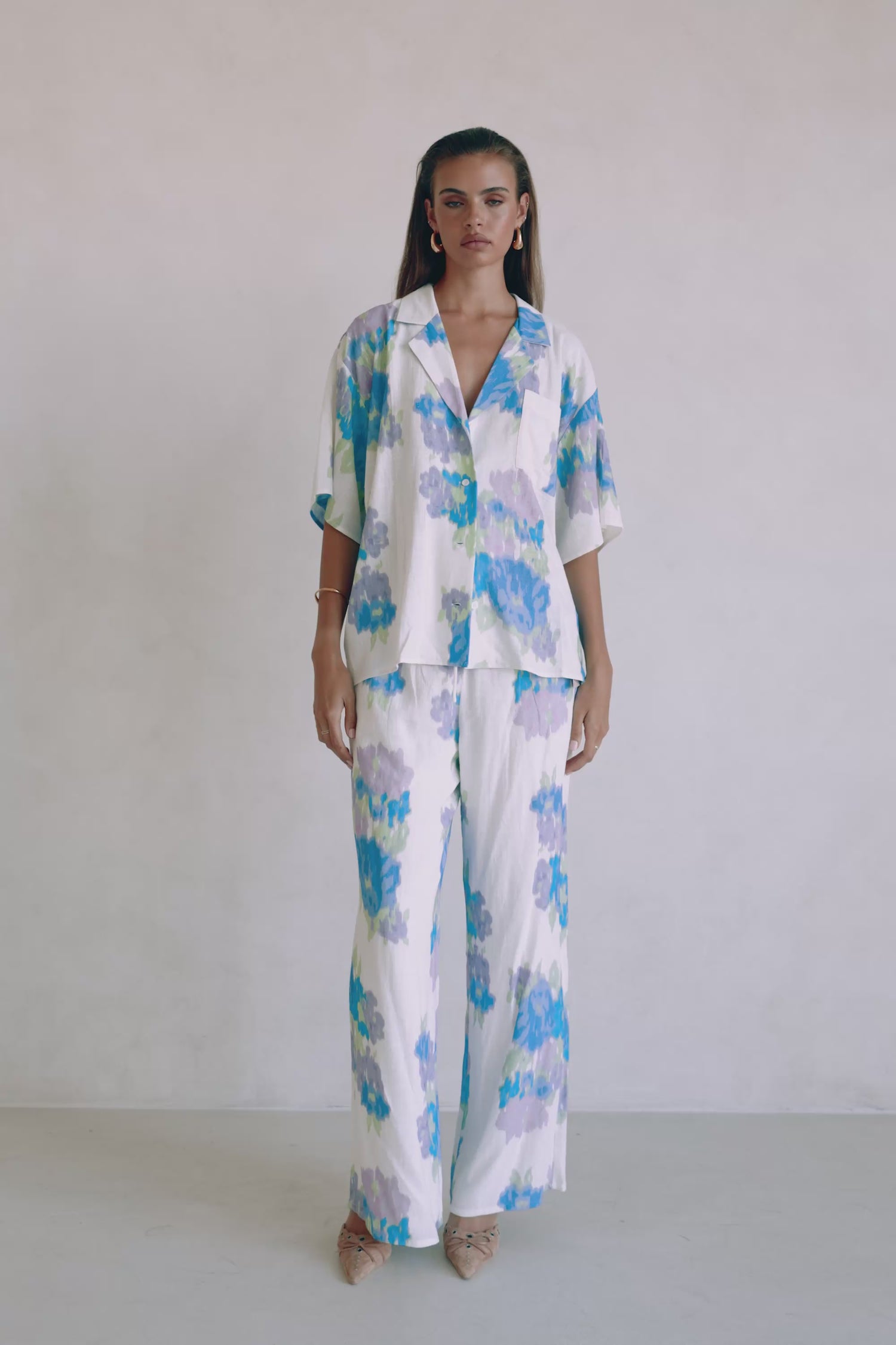 Immi Button Up Top - Floral Print Blue White Purple – SABO